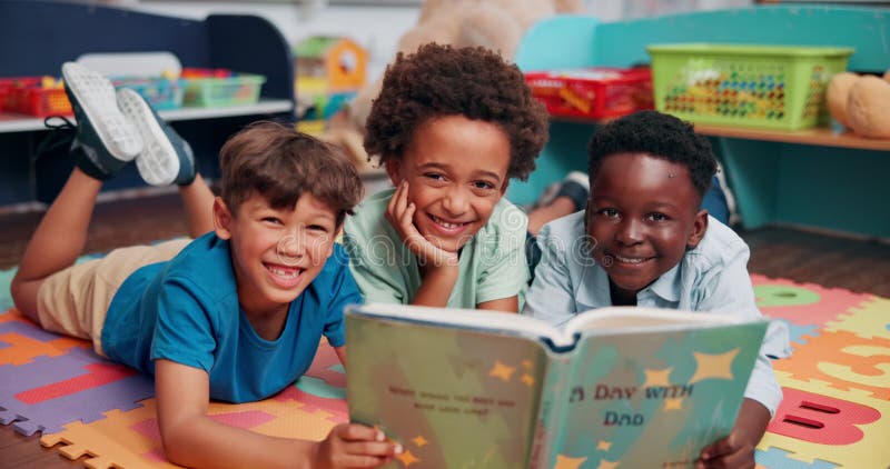 Reading, Group and Face of Children with Book in Classroom for Learning ...