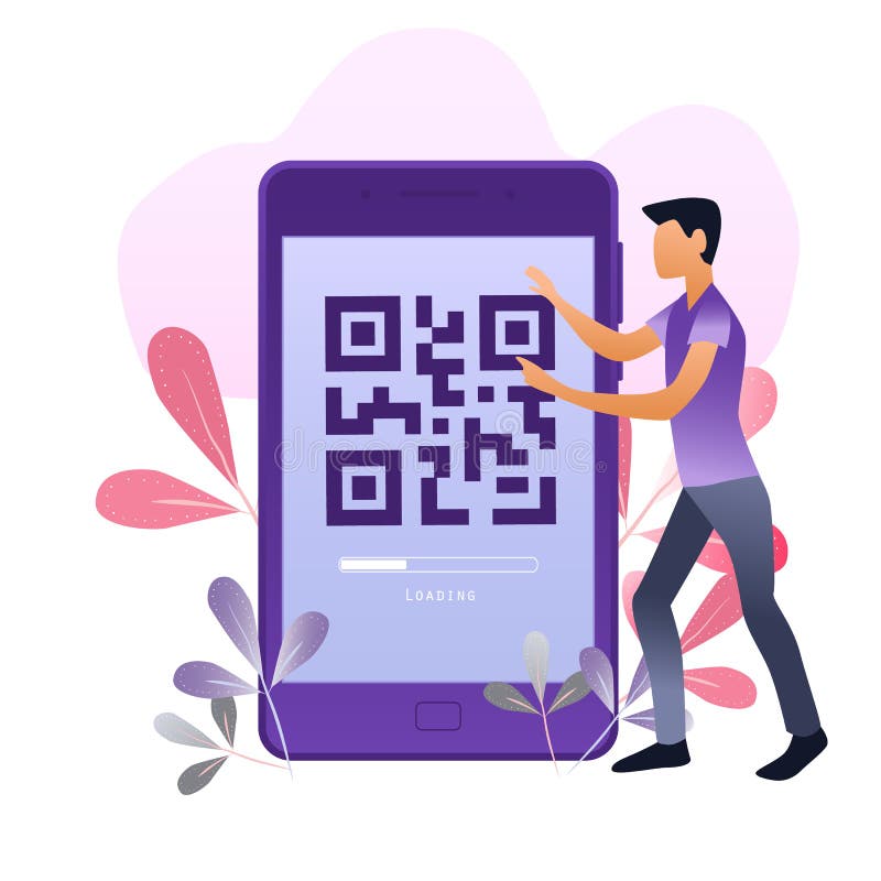 Reading Information by Barcode. QR-Code on a Smartphone, Person. Vector ...