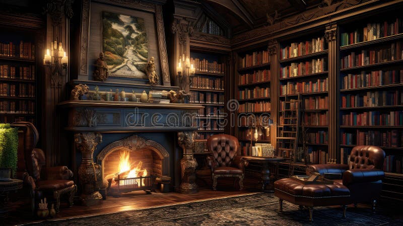 Reading Library with Fireplace Stock Illustration - Illustration of ...