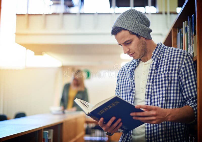 Reading, Library and Man with Book at University for Research with ...