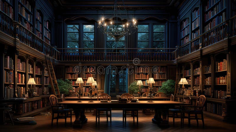 Reading library at night stock illustration. Illustration of librarian ...