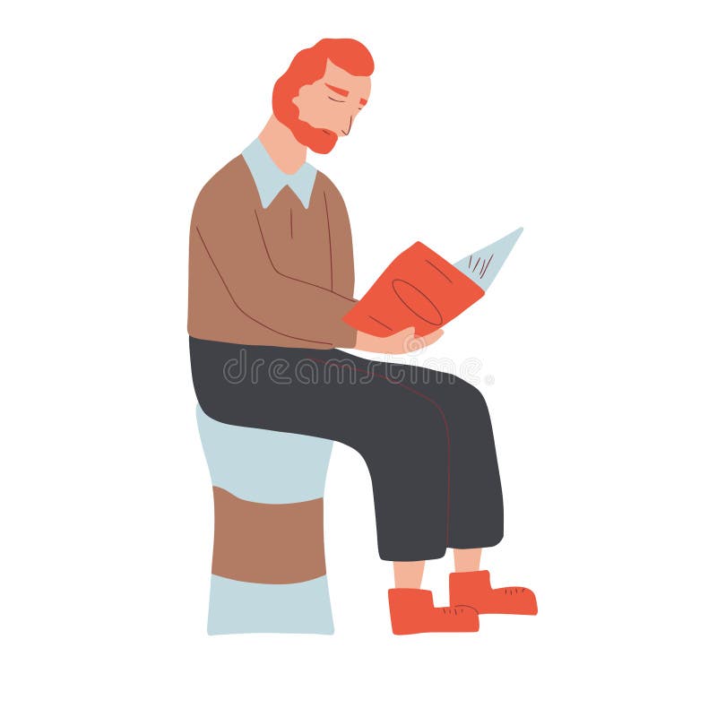 Reading Bearded Man Sitting In Chair With Book Vector Illustration