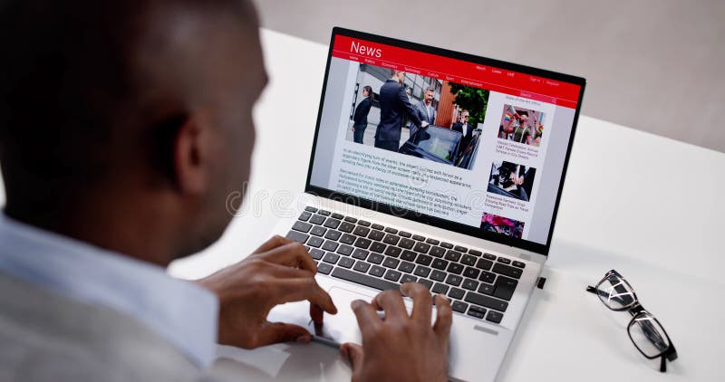Reading News Article Headline on Laptop Stock Image - Image of american ...