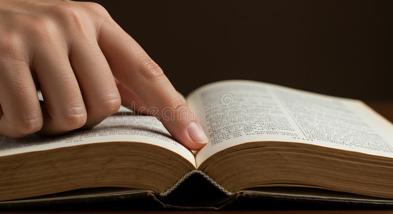 Reading Old Book with Finger Pointing at Page Stock Illustration ...