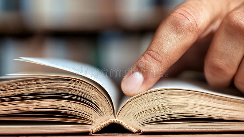 Reading an Open Book Finger Pointing at Page in Library Stock ...