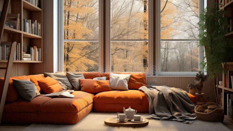 Reading orange sofa stock illustration. Illustration of relax - 336202687