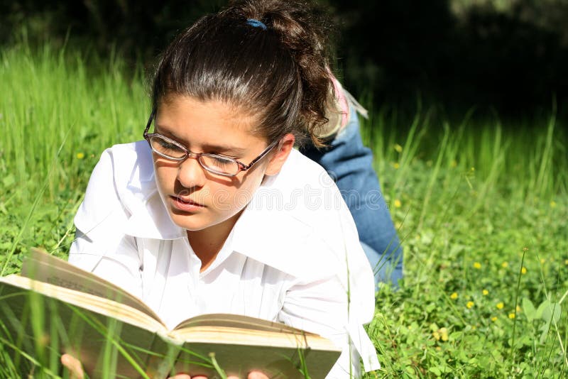 Reading Outdoors at Summer Camp Stock Photo - Image of eyeglasses, book ...