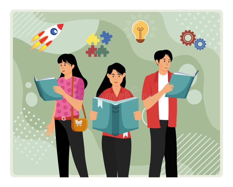 Reading People. Group of Young People Reading Books with Creative ...