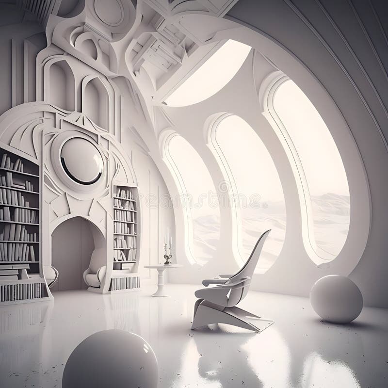 Reading Room Interior of Technological Future in White Colors Stock ...