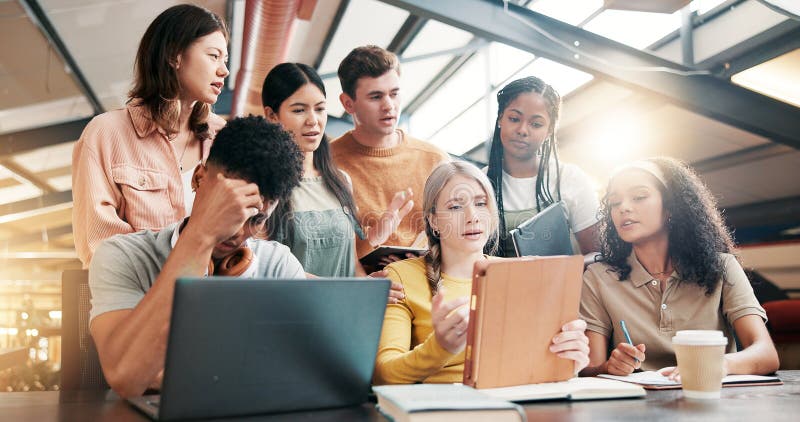 Reading, Students and Group with Tech, University and Disappointed by ...