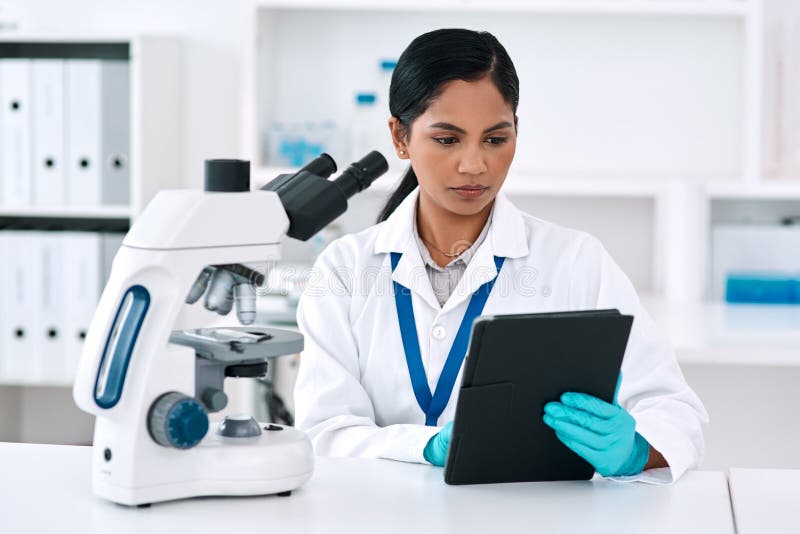 Reading, Tablet and Woman in Lab for Science, Research and Microscope ...