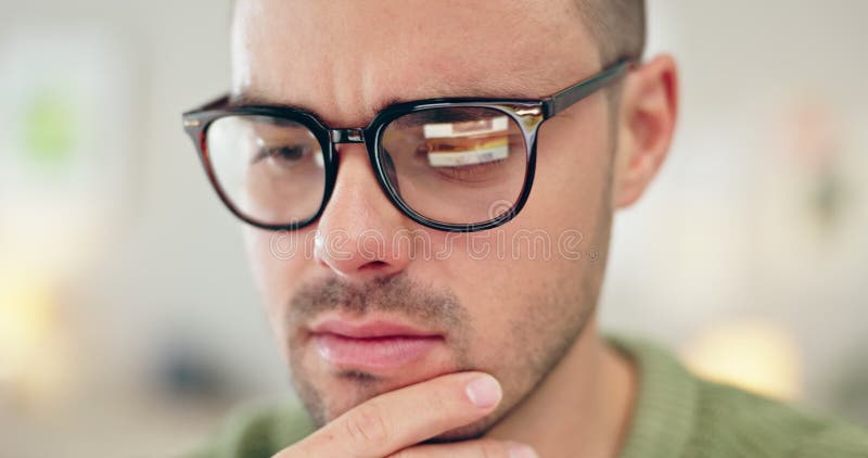 Reading, Thinking and Man Closeup in Office with Research and Data for Work Planning. Male ...