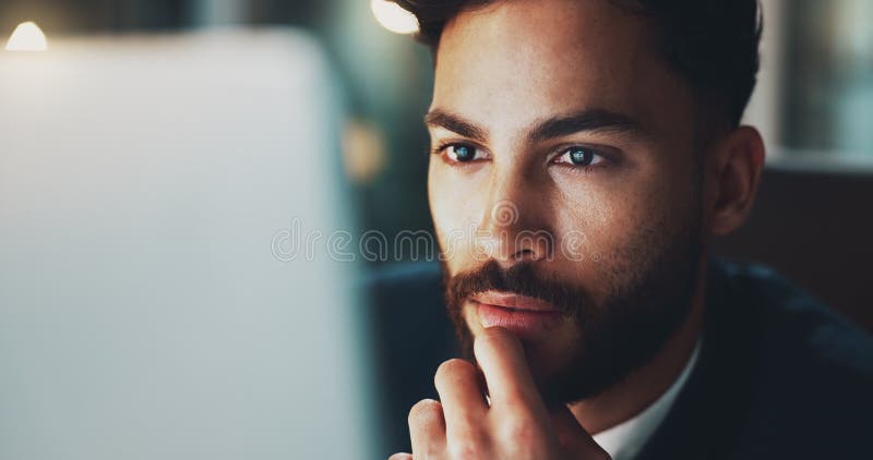 Reading, Thinking and Man in Office with Computer, Business Plan and ...