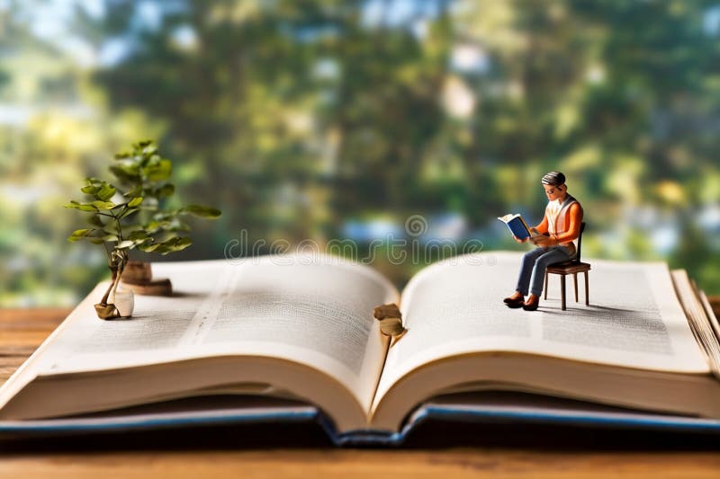 Reading Time. Miniature Person Reading while Sitting on Page Stock ...