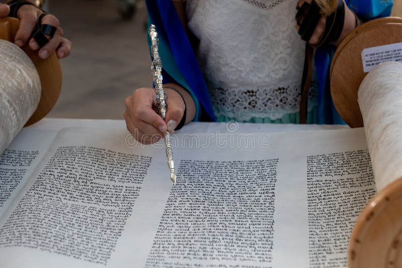 Reading the Torah Scroll Using a Silver Pointer As a Guide Stock Image ...