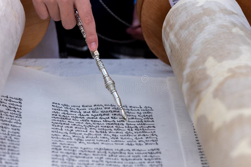 Reading from the Torah Scroll Using a Silver Pointer or Yad Stock Image ...