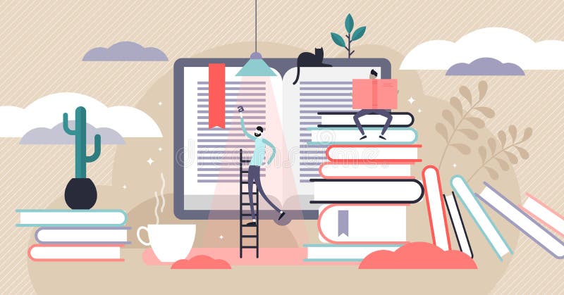 Reading Vector Illustration. Flat Tiny Paper Book Text Study Person ...