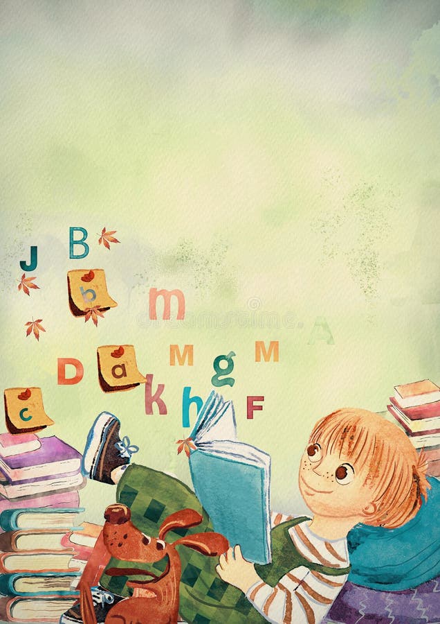 Reading. Watercolor Background for Children Stock Illustration ...