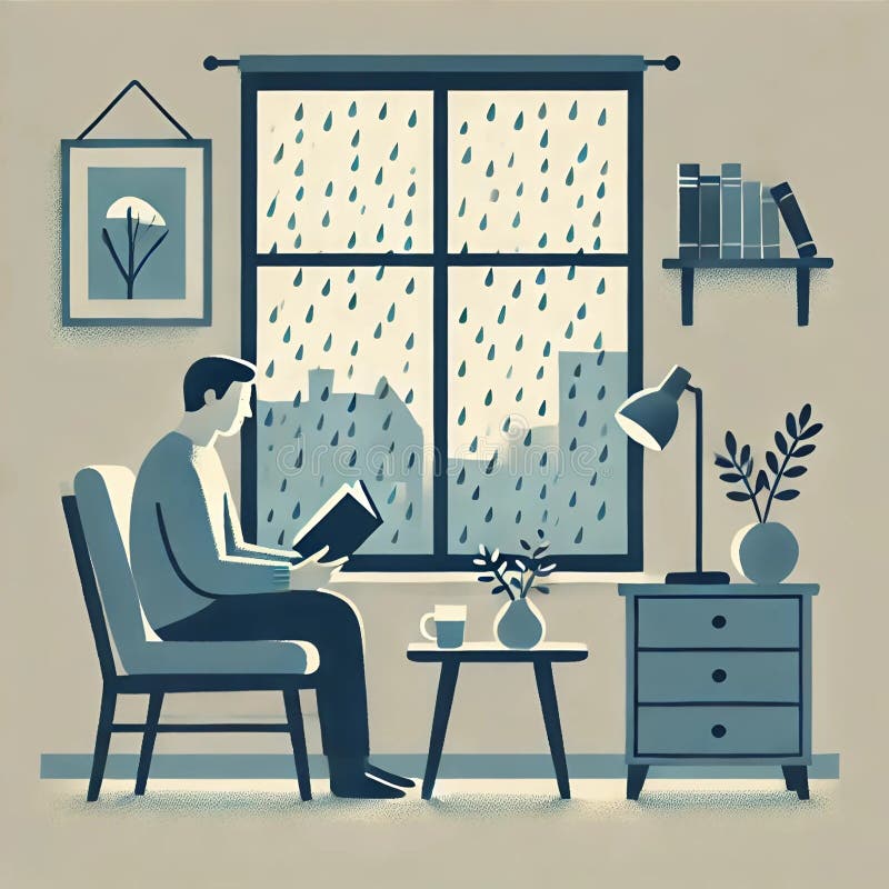 Reading by the Window on a Rainy Day Stock Illustration - Illustration ...