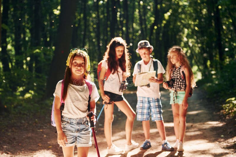 Ready for Adventure. Kids Strolling in the Forest with Travel Equipment ...