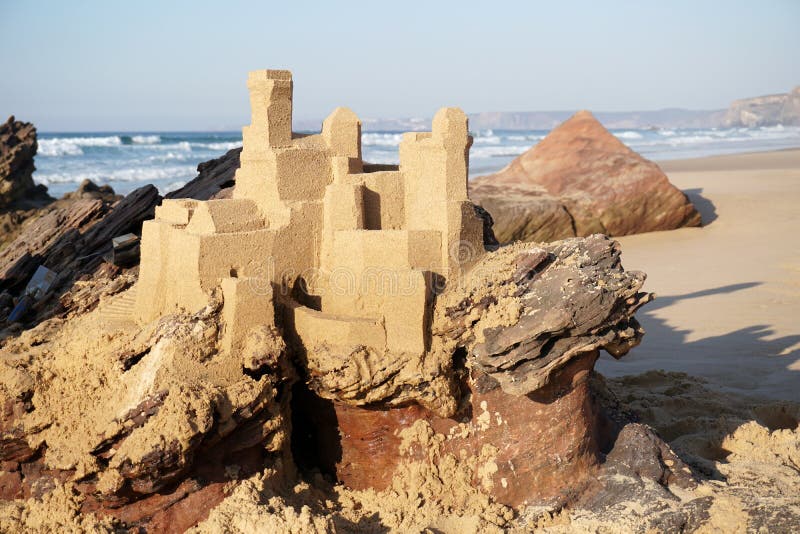 Sand castle at Rocky Beach stock image. Image of lived - 139331603