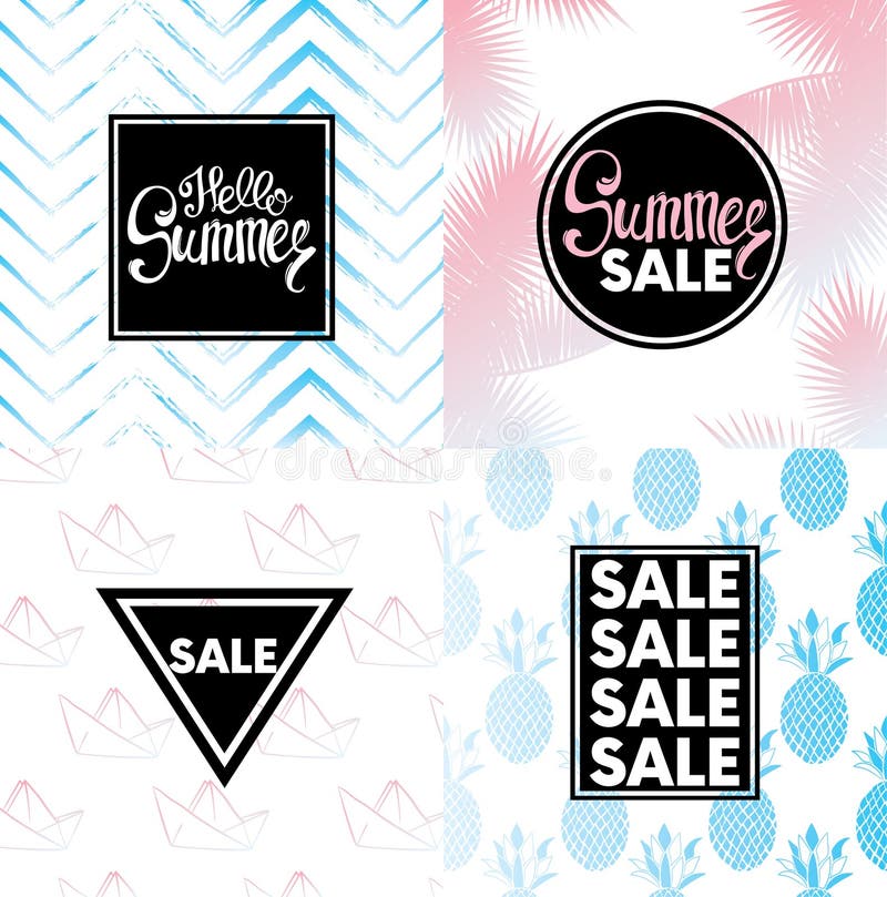 The Ready Design of Postcards with Pineapples, Ships, Palm Leaves and Geometric Elements. Vector ...