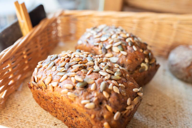 Ready-made Artisan Bread with Seeds on the Counter in a Small Bakery ...