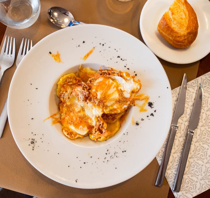 Ready-made Breakfast is Served on Table - Scrambled Eggs with Duck ...