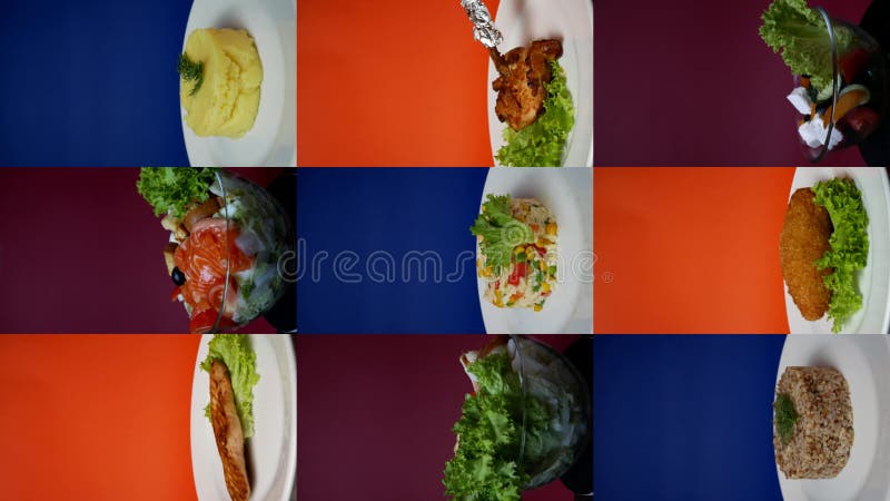 Ready-made Food in Rotating Plates on Colored Backgrounds. Ready Meals ...