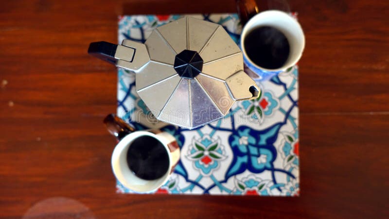 Two Cappuccino Cups Resting Counter Espresso Machine Background Stock ...