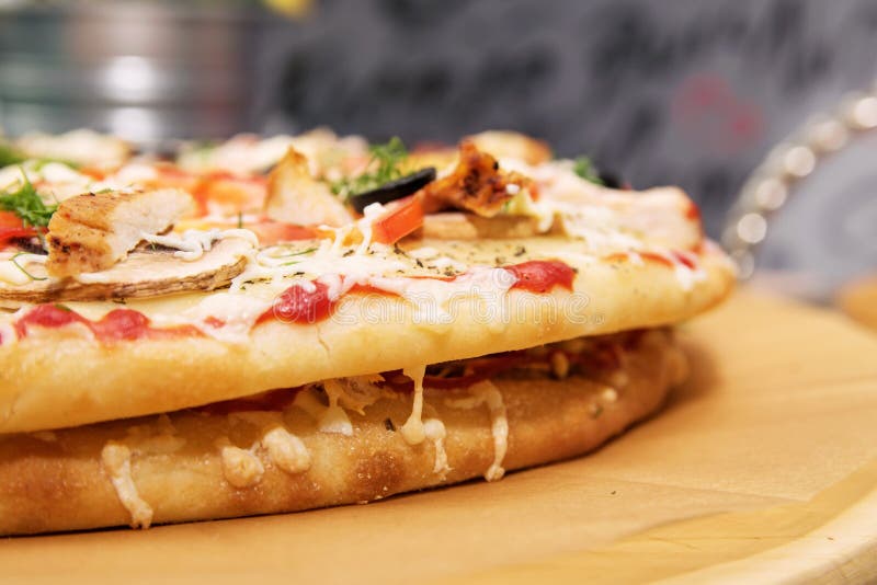 Ready-made Pizza with Filling on a Tray Stock Photo - Image of pizza ...