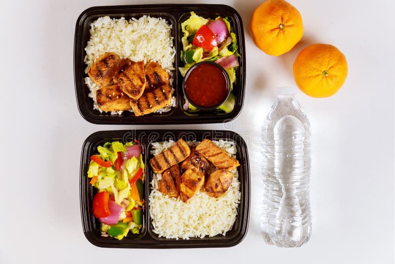 Ready Meal To Eat on Food Container with Drink and Orange Stock Image ...