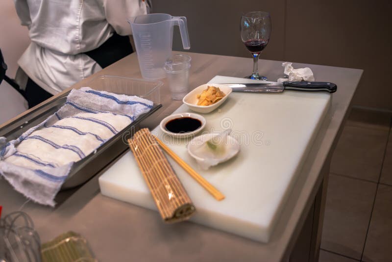 Ready for Prep: Sushi Workshop Table Set for Culinary Creativity Stock ...