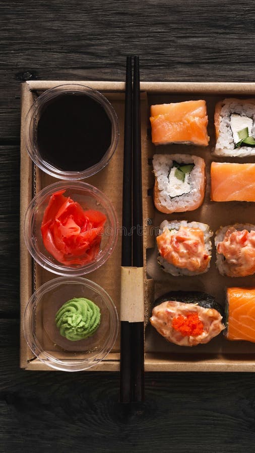 Ready Sushi Set for One with Row Fish, Sauce and Ginger Stock Photo ...