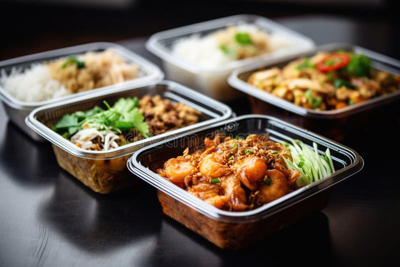 Ready To Eat Modern Thai Food in Take Away Plastic Boxes Stock ...
