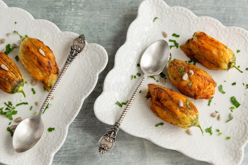 Ready To Eat Stuffed Courgette Flowers Stock Photo - Image of cooked ...