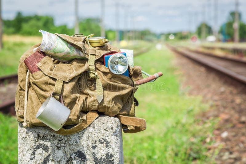 Ready To Go Backpack with Map, Compass and Diary Stock Image - Image of ...