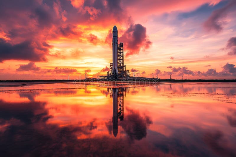 Ready To Launch, the Rocket Sits Atop Its Pad while the Sun Sets Behind ...