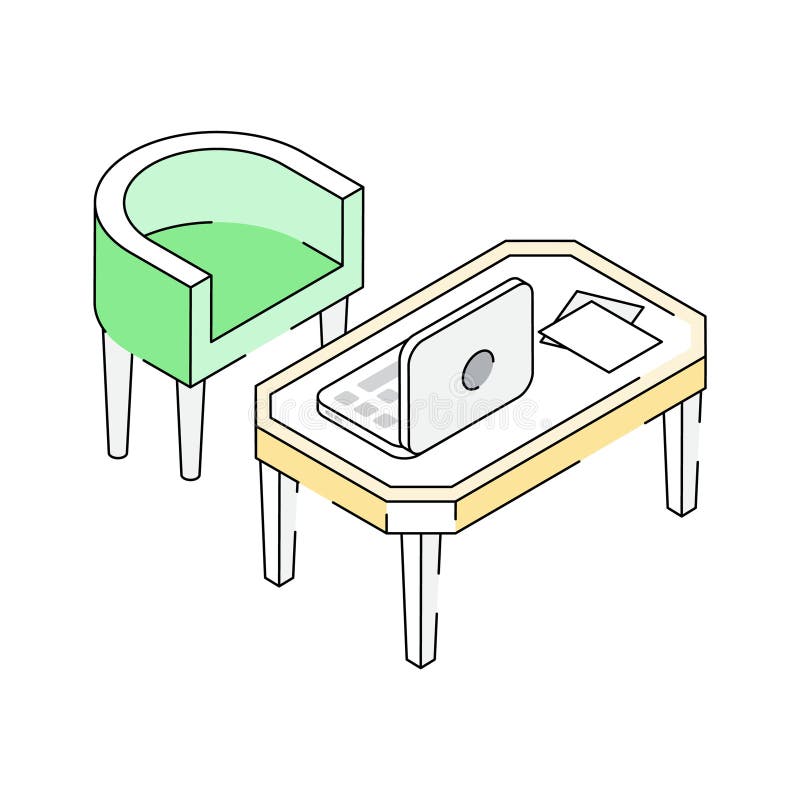 Ready To Use Isometric Outline Icon Denoting Laptop Table with Couch ...
