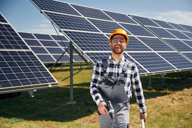 Ready Work Drill Engineer Photovoltaic Solar Panels Outdoors Daytime ...
