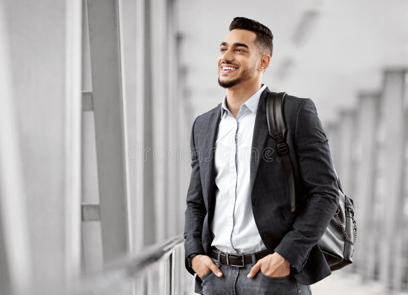 Ready for Trip. Handsome Arab Man with Backpack Standing at Airport ...