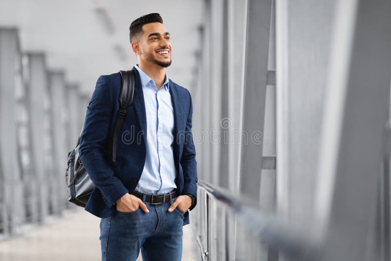 Ready for Trip. Handsome Arab Man with Backpack Standing at Airport ...