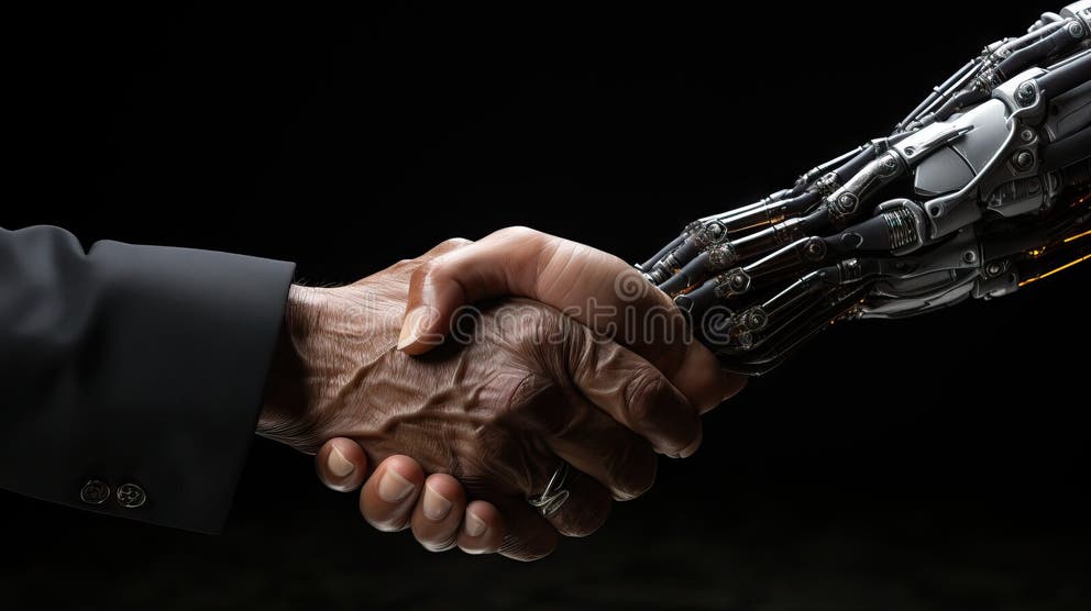 Real and Artificial Intelligence Handshake - Beautiful Pose of Hands AI Generated Stock ...