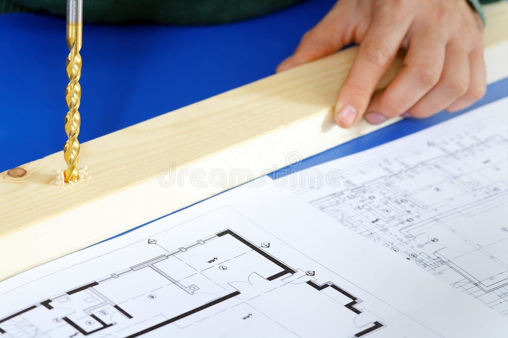 Real Carpenter Drilling Wood with Drill Machine Stock Image - Image of ...