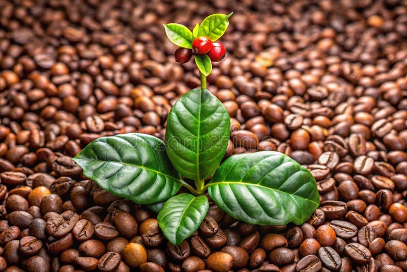 Real Coffee Plant on Roasted Coffee Beans Background Stock Illustration ...