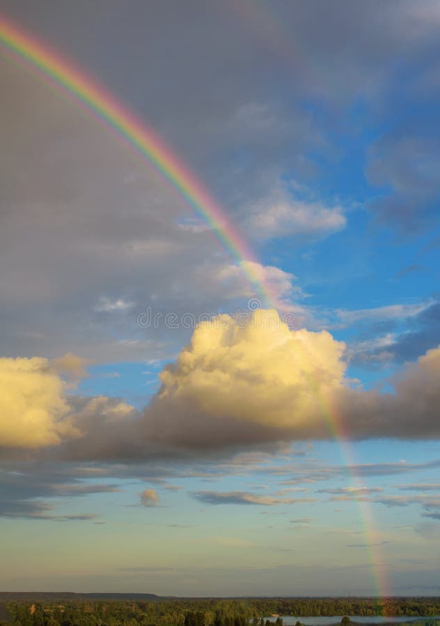 Real Double Rainbow in Cloudy Sky after Rain. Afternoon Stock Photo ...