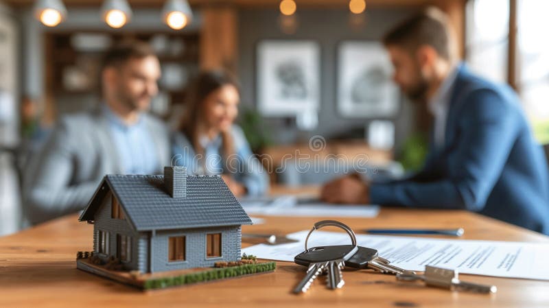 Real Estate Agent Shows a House Model To Customer at Table in Office ...