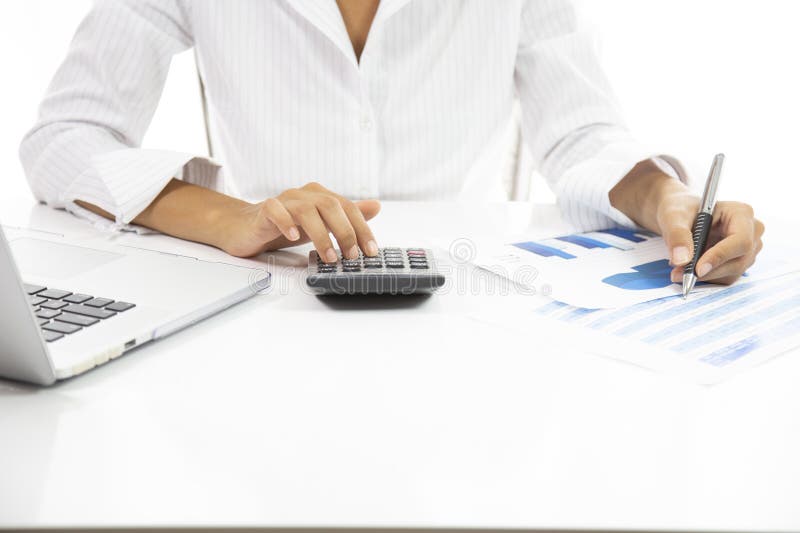 Real Estate Agent Working with Laptop at Table in Office.hand Using ...