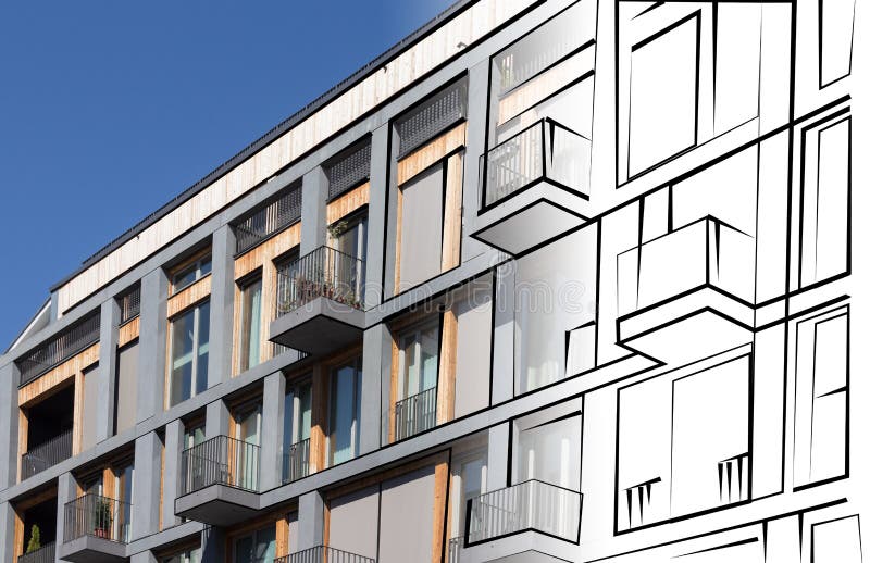 Real Estate Concept - Modern Building Facade Drawing Stock Illustration ...