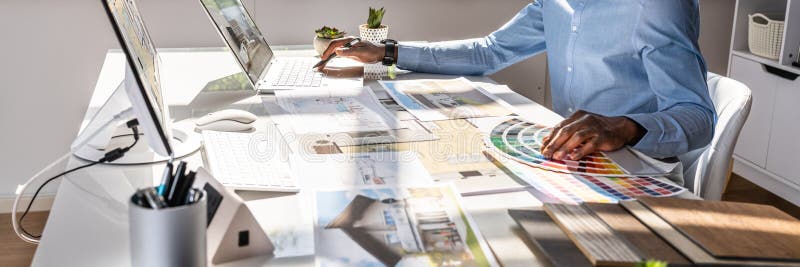 Real Estate Designer Working on Computer Stock Image - Image of online ...